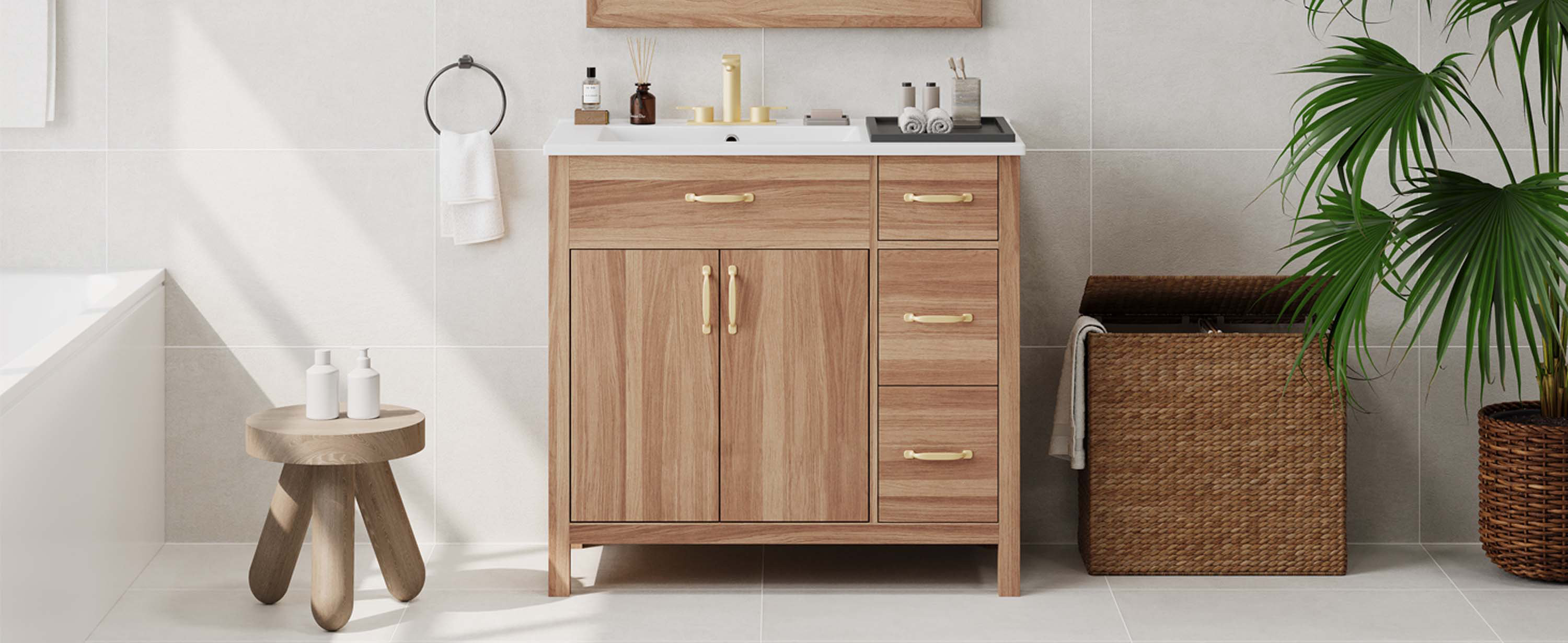 Ebern Designs 36" Wood Bathroom Vanity with Solid Wood Frame, 2 Soft Close Doors, 3 Soft Close ...